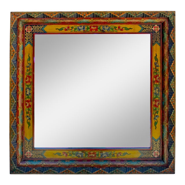 Chinese Tibetan Color Carving Wood Frame Square Mirror | Chairish