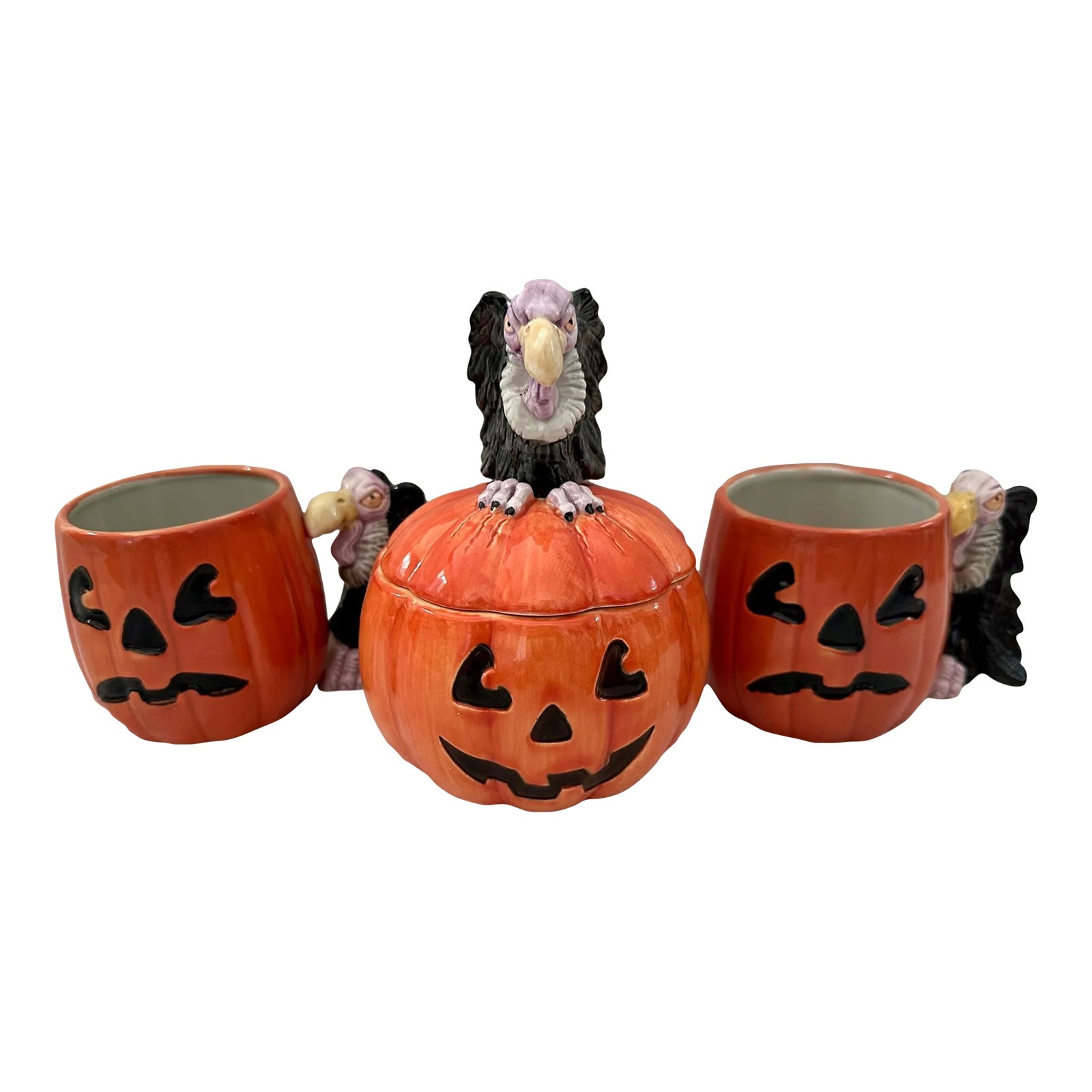 Fitz & Floyd Jack-O-Lantern/Vulture Mugs W/Sugar Dish-A Set | Chairish