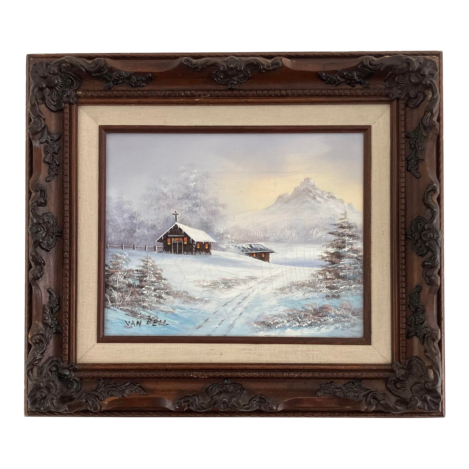 Small Vintage Winter Landscape Oil Painting by Van Bell | Chairish