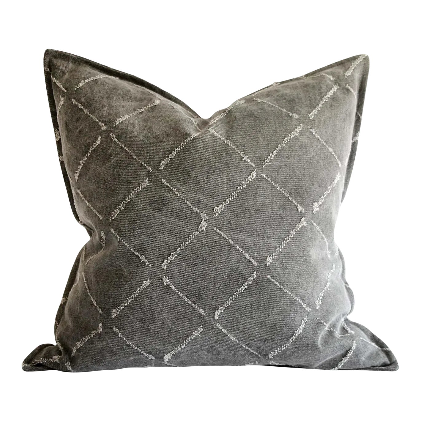 Gray Stone Washed Linen Pillows With Diamond Frayed Details | Chairish