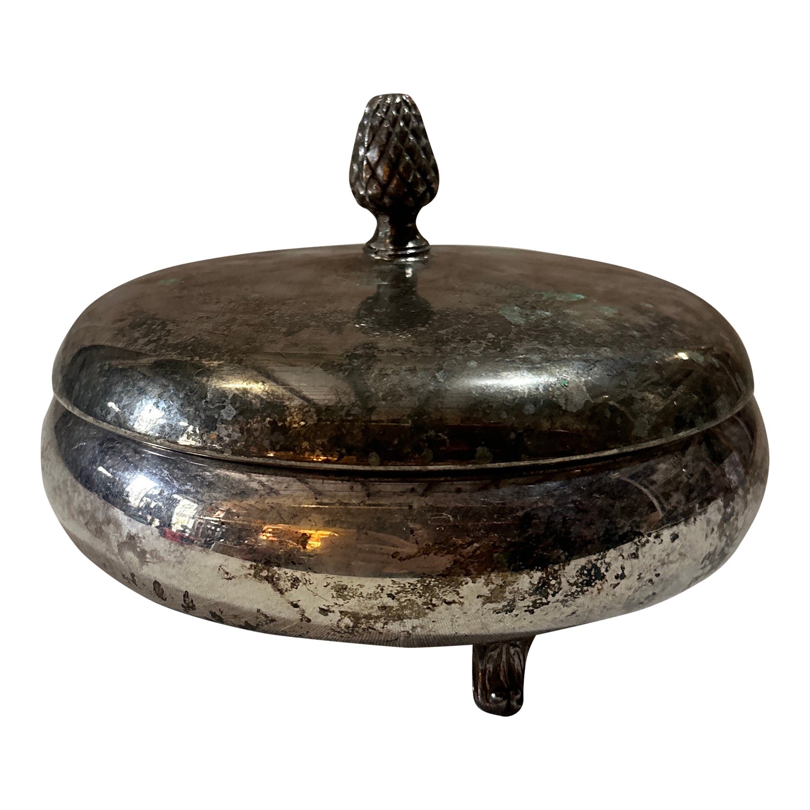1970s Small Silver Round Dish With Matching Lid and Acorn Accent | Chairish