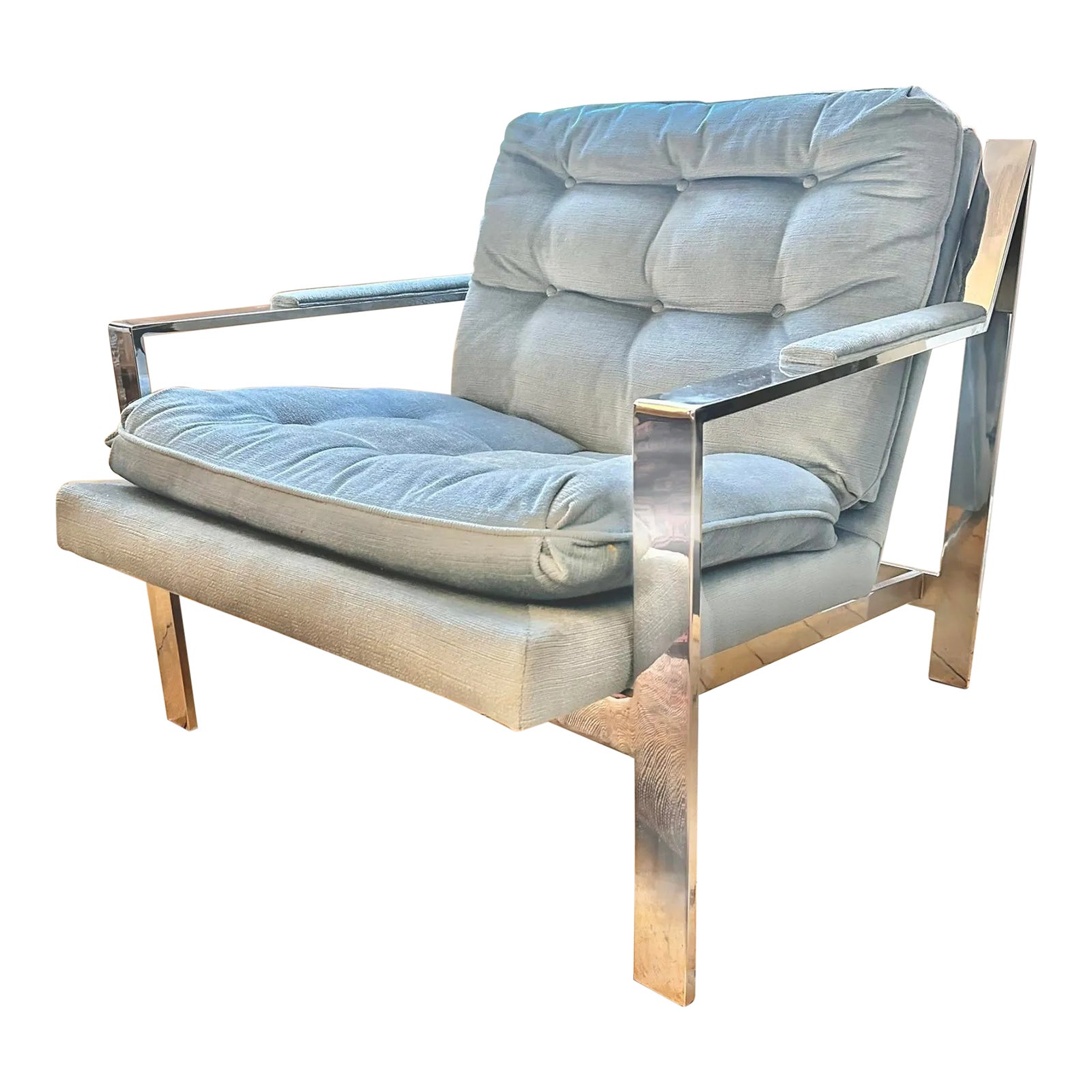 Cy Mann Flatbar Chrome Light Blue Mid-Century Arm Chair | Chairish