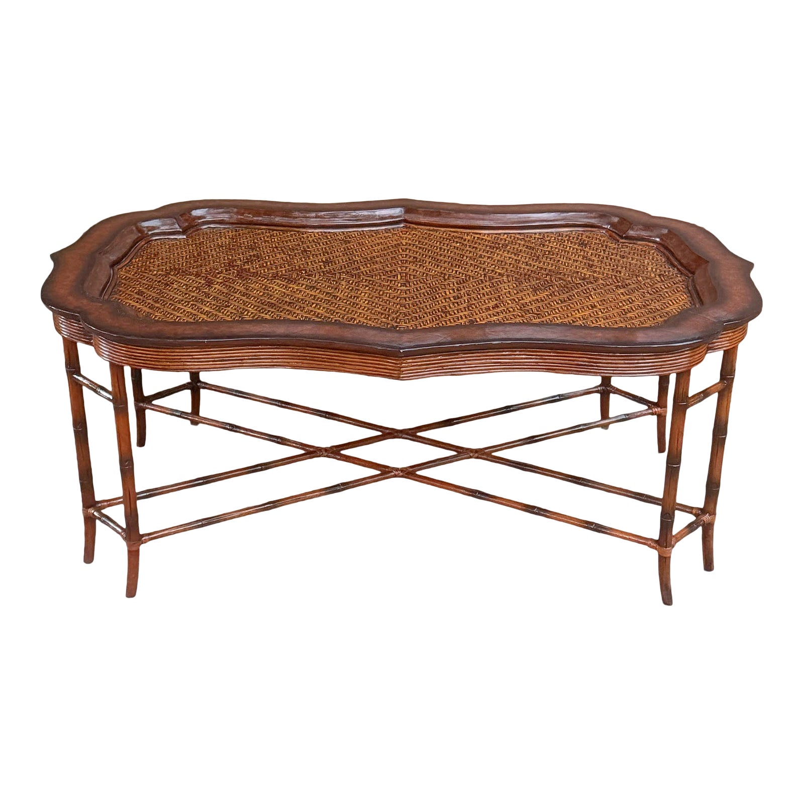 1980s Maitland-Smith Regency Faux Bamboo Base Leather and Wicker Tray ...