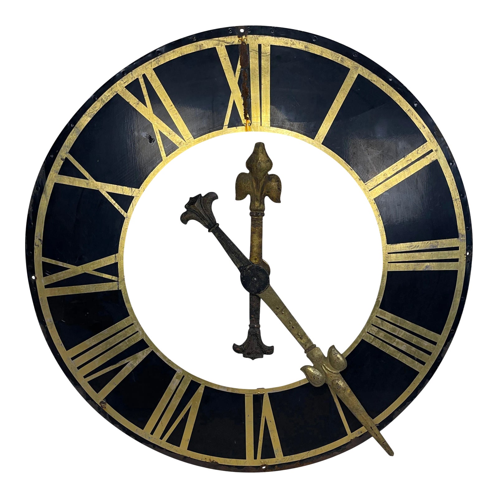 19th Century Black Church Clock Face With Gilt Roman Numerals and Hands ...