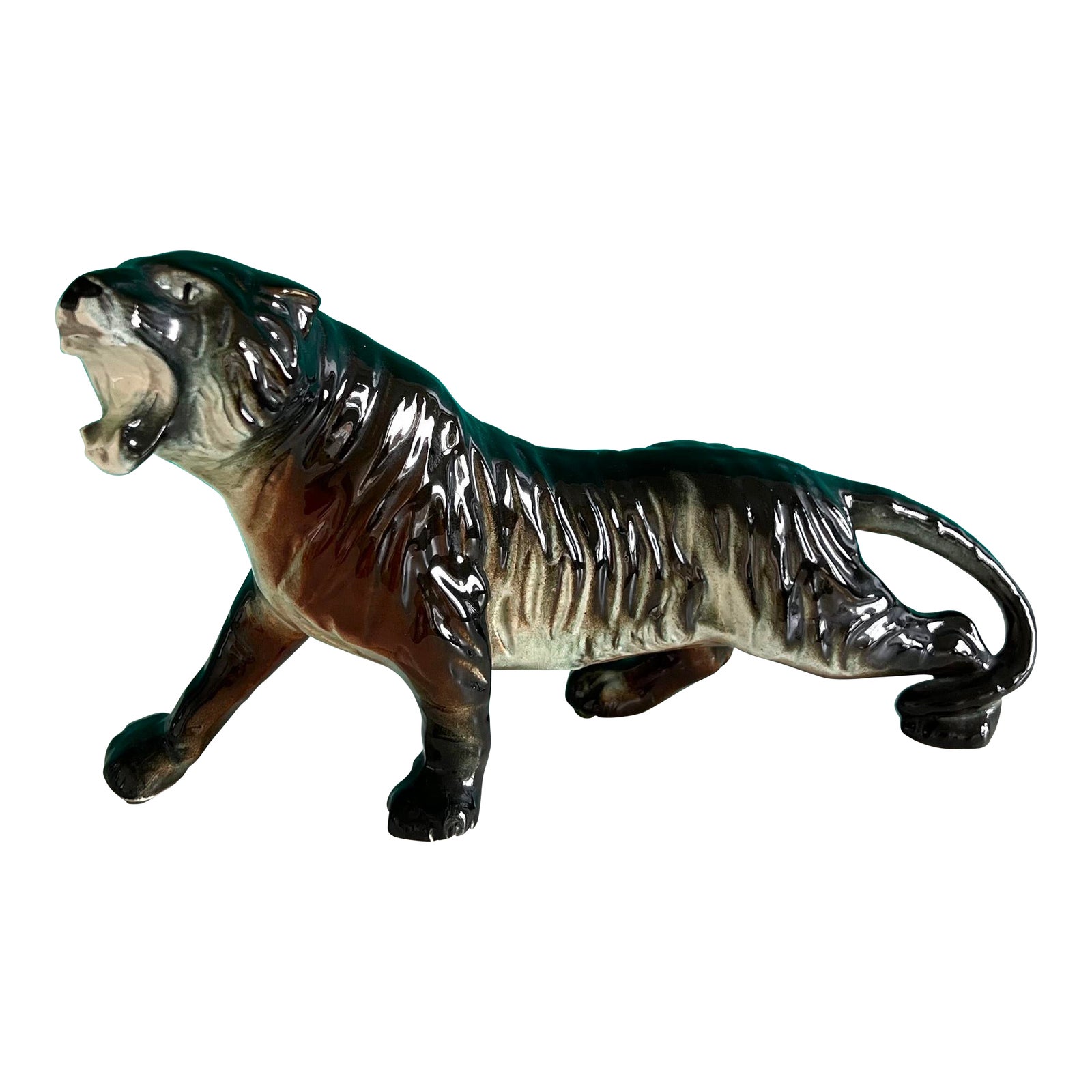 Mid-Century Roaring Ceramic Black Tiger Figurine | Chairish