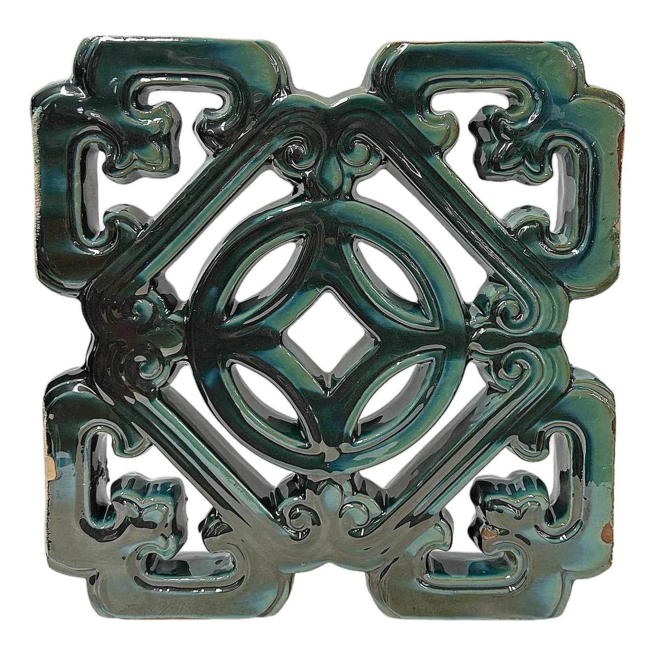 Chinese Ru-Yi Coin Dark Green Mix Glaze Wall Floor Clay Tile | Chairish
