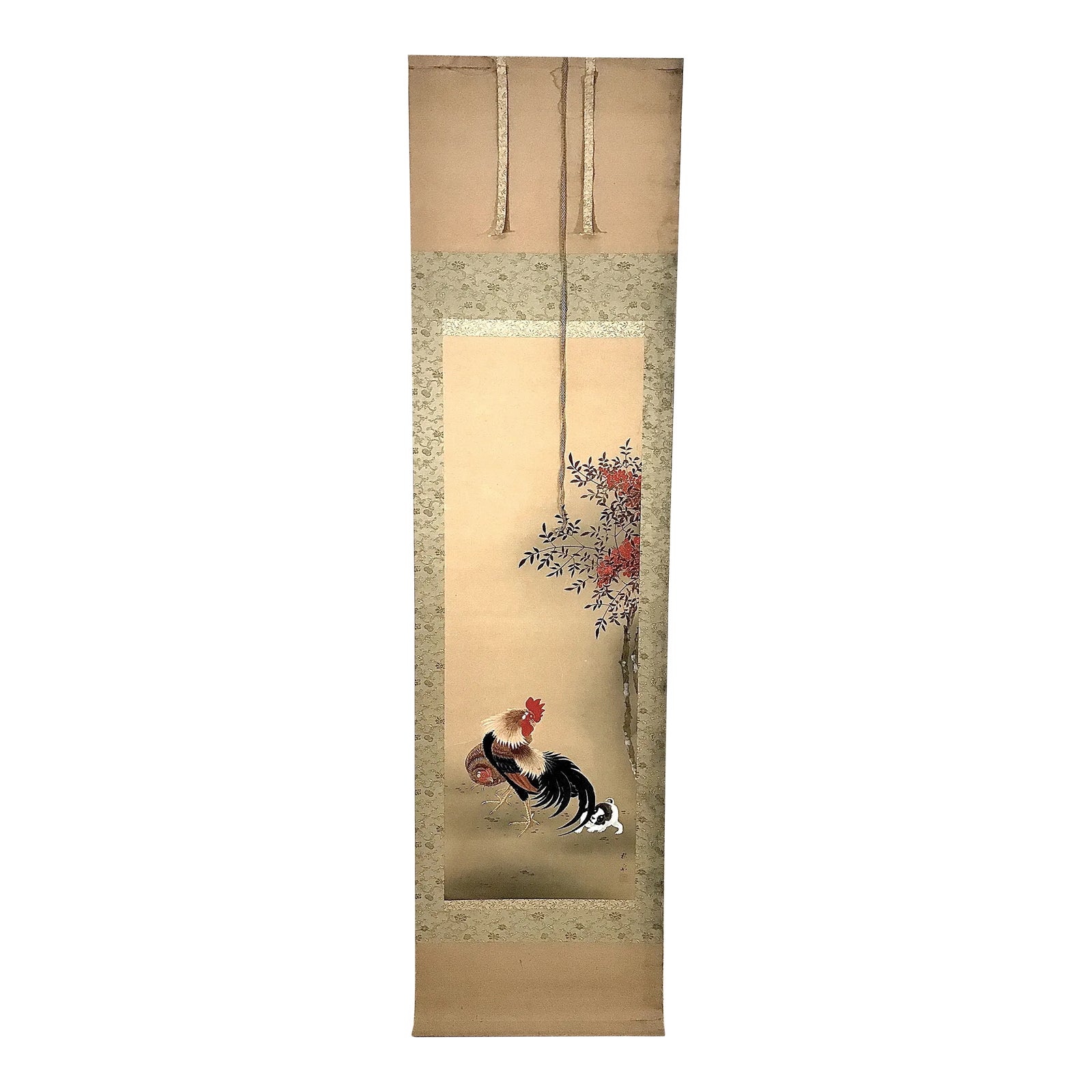 Meiji Period Japanese Scroll Painting of a Rooster With Playful Puppy ...