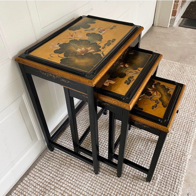 Mid 20th Century Vintage Chinese Hand-Painted Lotus Leaf Nesting Tables ...