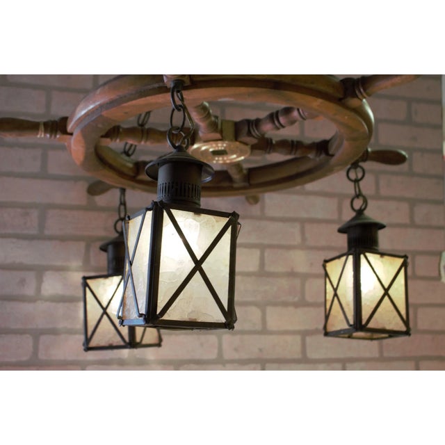 Nautical Style Ship Wheel With Three Hanging Lanterns Chandelier | Chairish