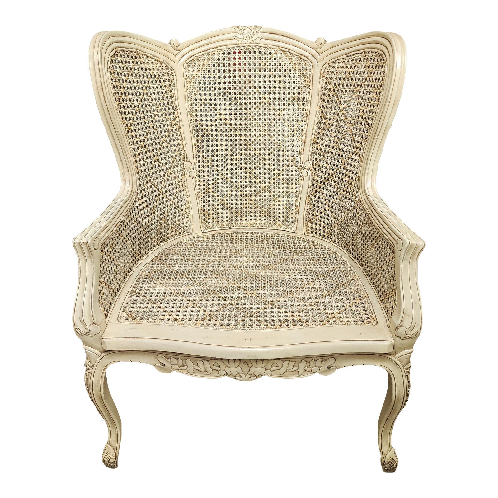 1930s Vintage Victorian Off White Double Caned Bergere Chair | Chairish