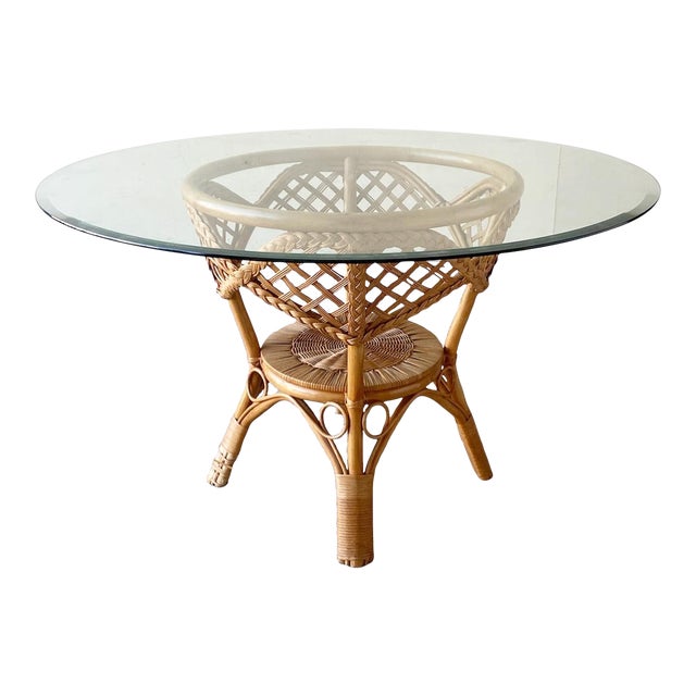 1980s Boho Chic Rattan and Woven Wicker Circular Glass Top Dining Table ...
