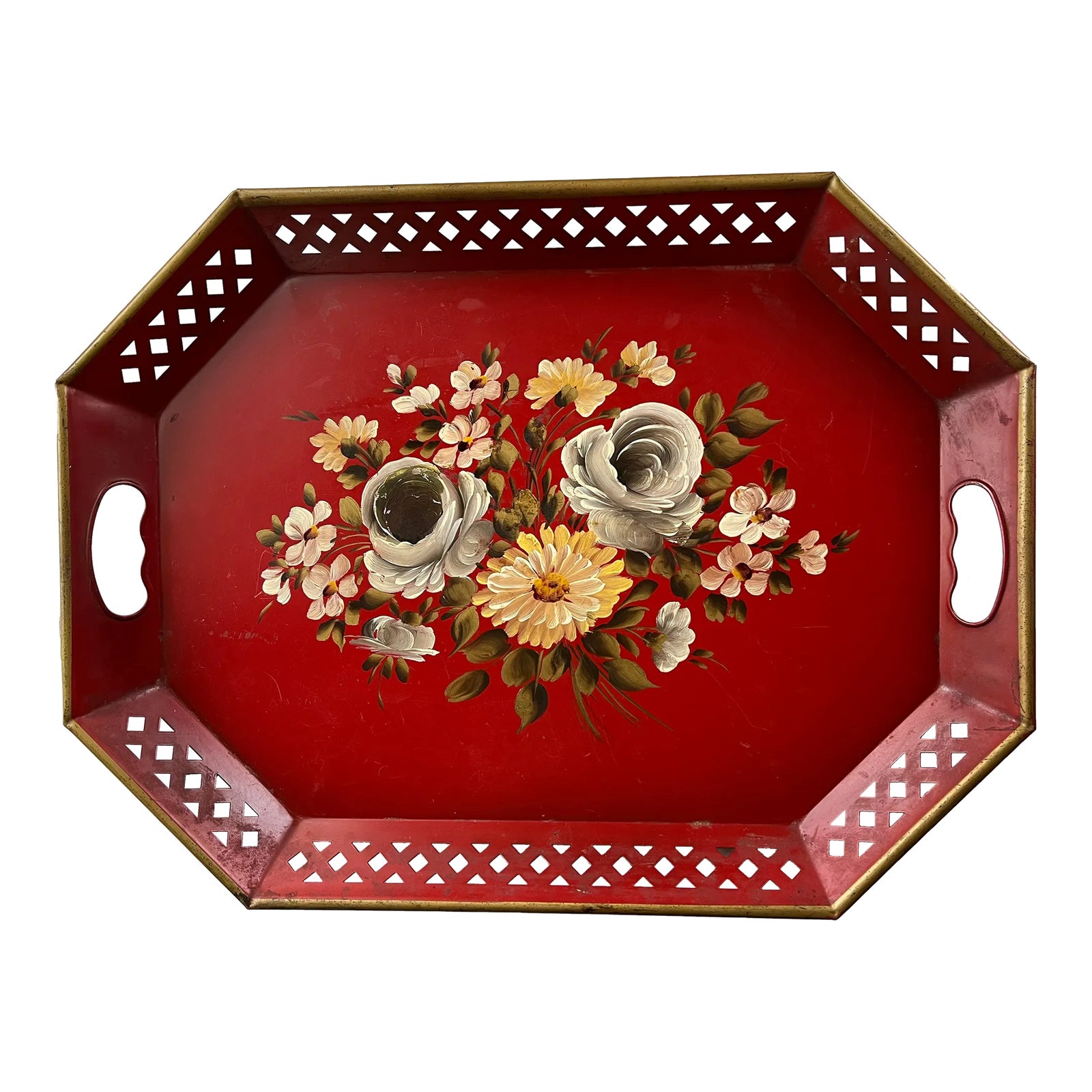 Red Hand-Painted Tole Tray With Flowers | Chairish