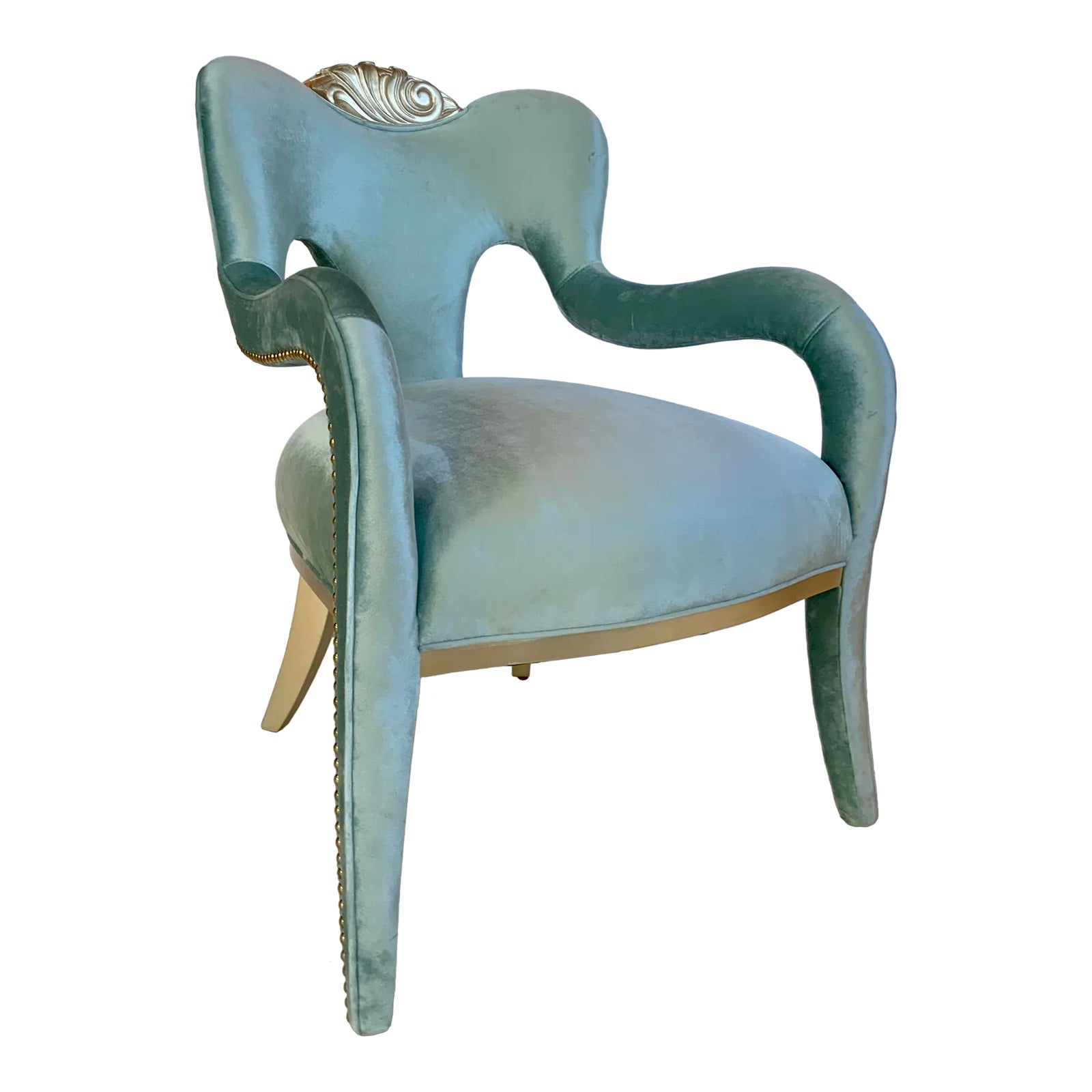 Caracole Modern Glam Turquoise Velvet Fontainebleau Arm Chair | Chairish