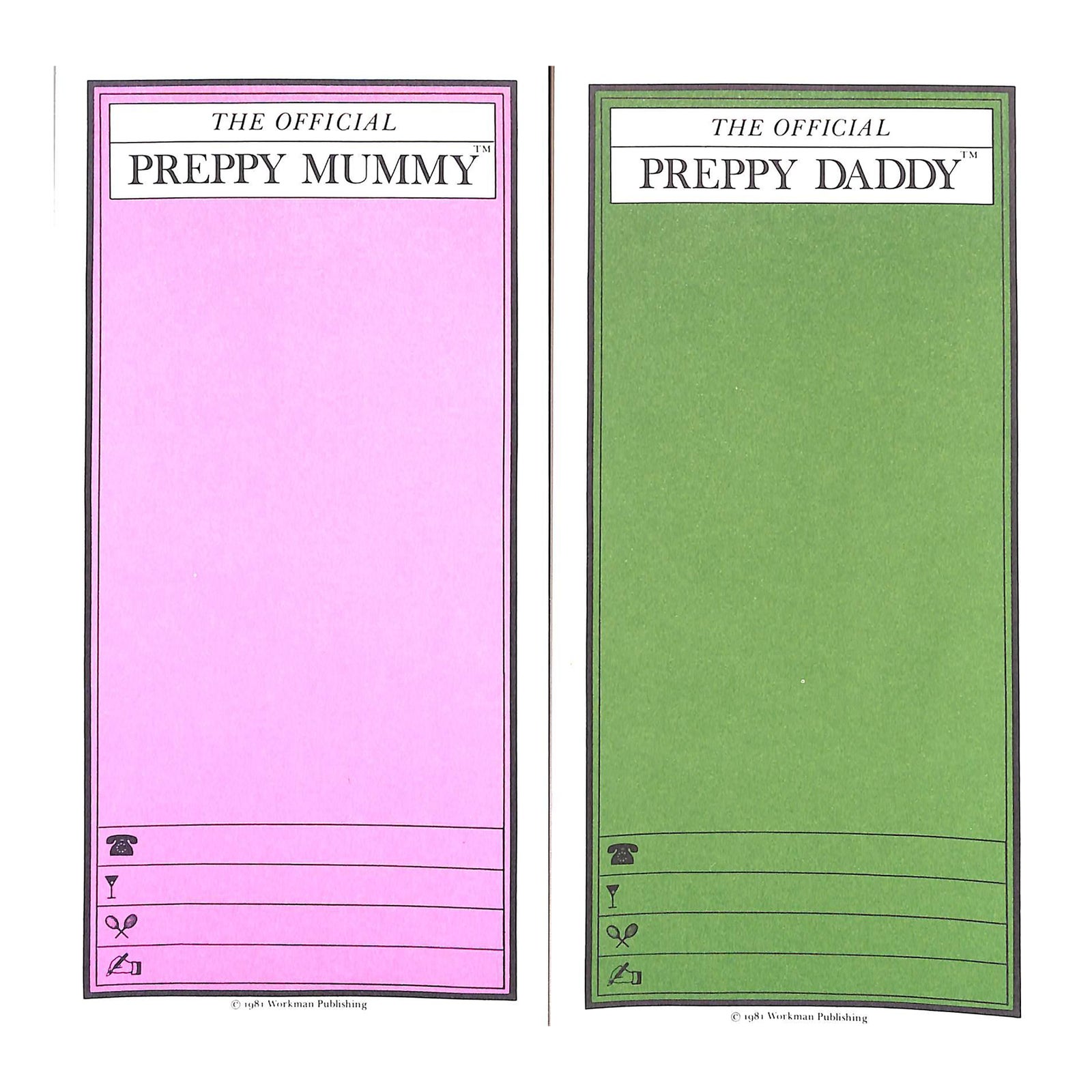 1981 The Official Preppy Mummy (Pink) & Daddy (Green) Note Pads | Chairish