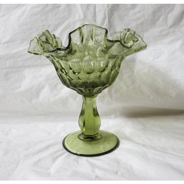 1960s Fenton Art Glass Thumbprint Colonial Green Round Compote Chairish