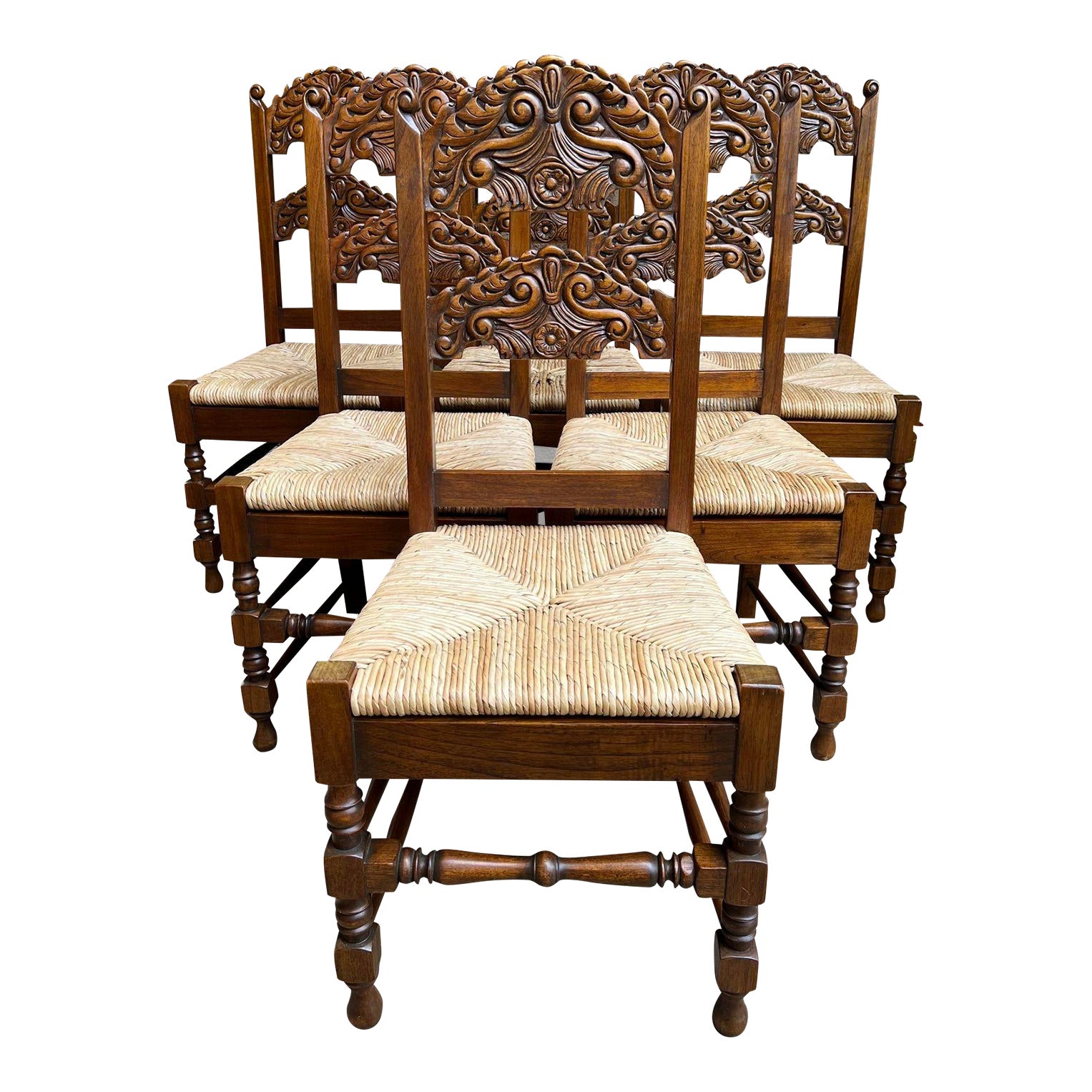 Set 6 Vintage English Dining Side Chairs Carved Oak Rush Seat Yorkshire ...