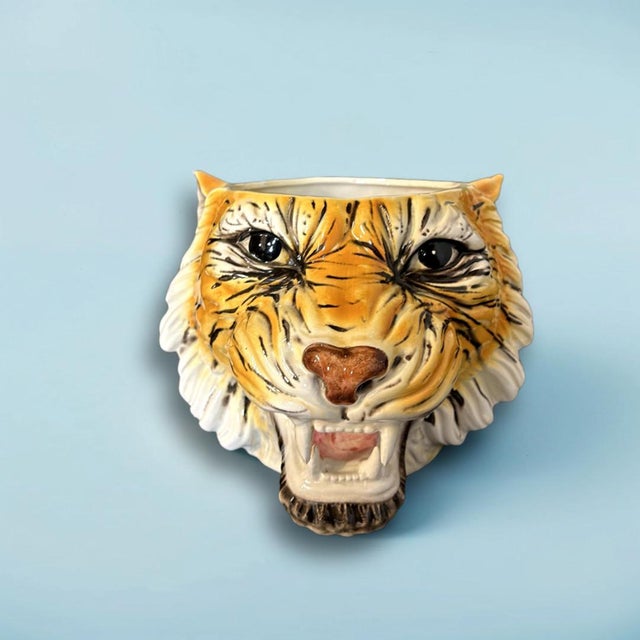 Italian Porcelain Tiger Head Flowerpot | Chairish