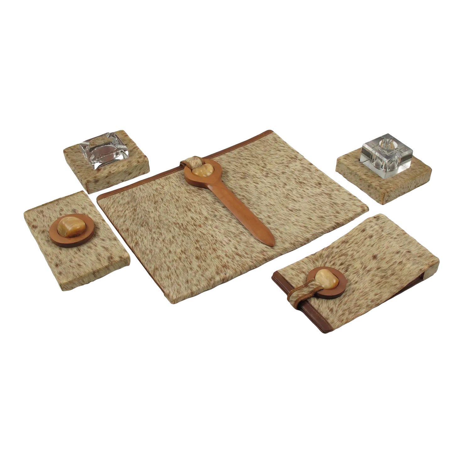 French Art Deco Wood, Fur and Leather Desk Set, 5 Pieces by Dan Karner ...