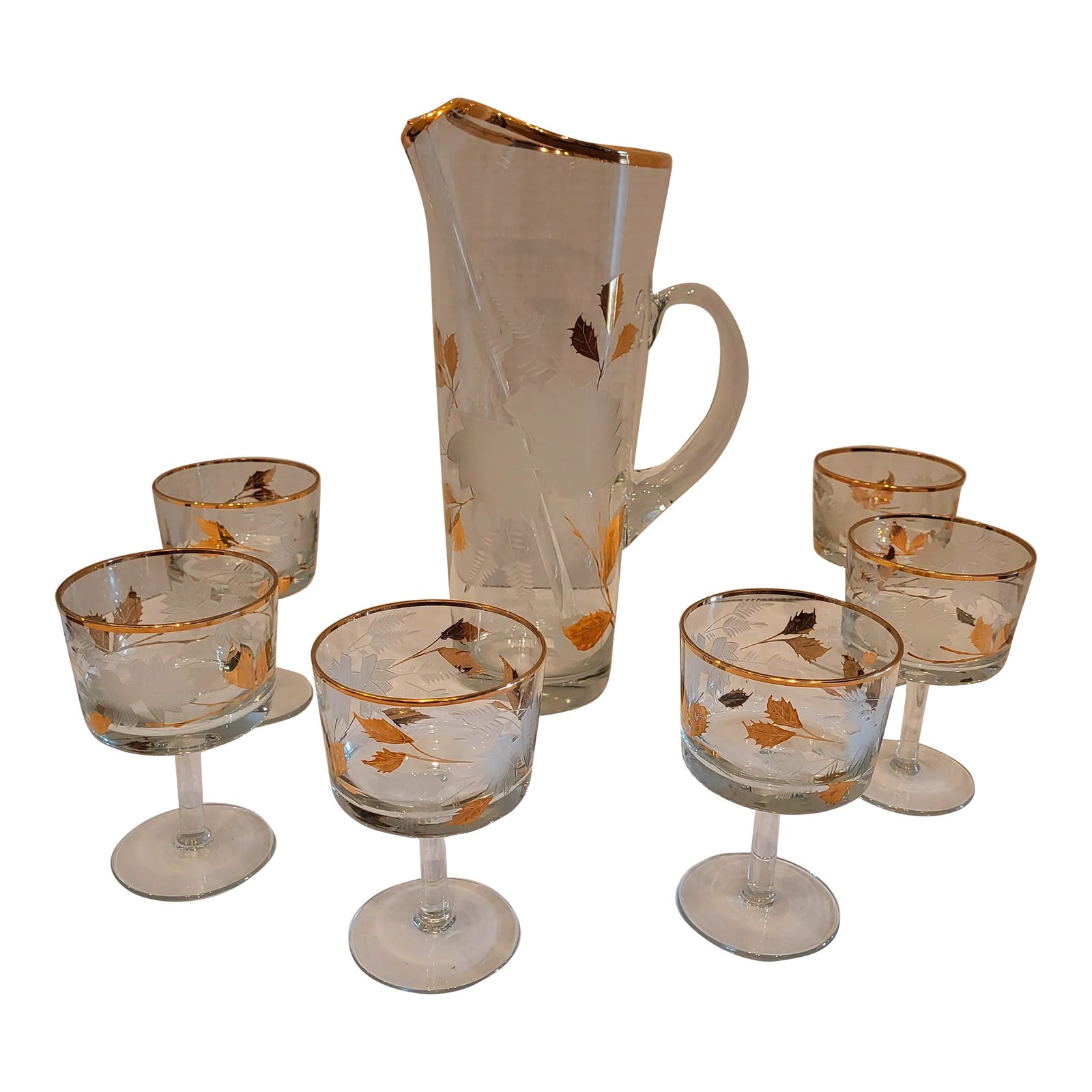 Vintage Romanian Gold Rimmed Cocktail Pitcher Set- 8 Pieces | Chairish