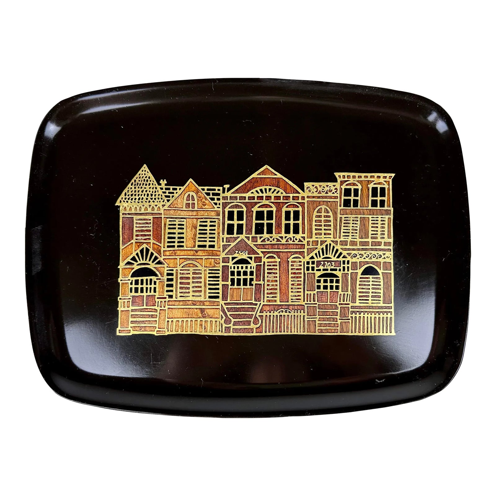 Mid Century Couroc Serving / Bar Tray With Rowhouses Motif | Chairish