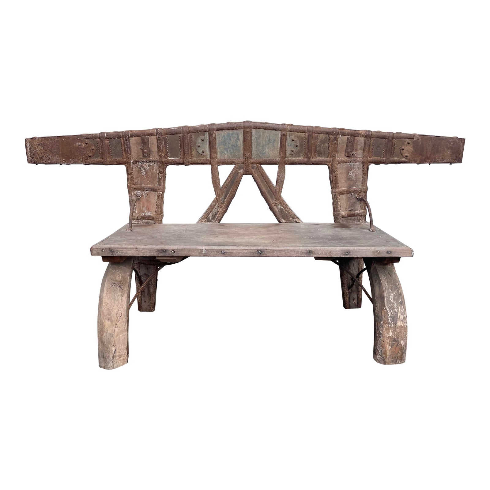 Antique Rustic Indian Iron and Teak Bench | Chairish