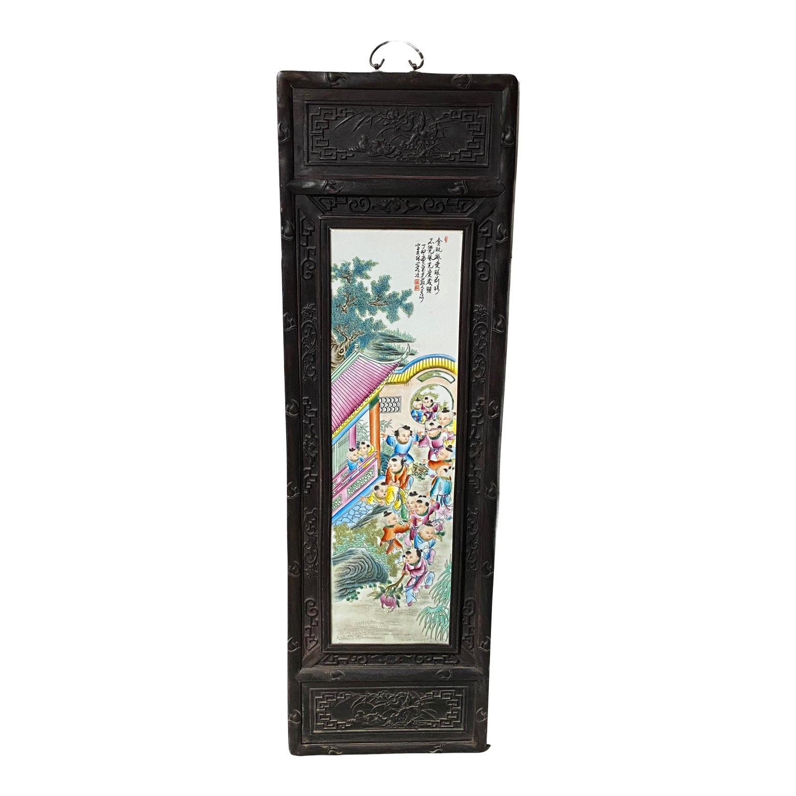 Lg Chinoiserie Famille Rose Porcelain Wood Panel 49.5" H | Chairish