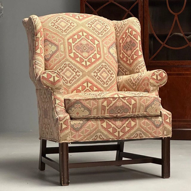 English Georgian Style, Wingback Chairs, Pink Aztec Print, Tapestry ...