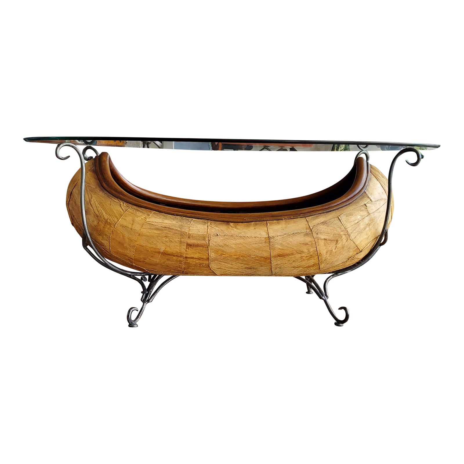 1970s Vintage Wrought Iron, Wood and Glass Canoe Coffee Table | Chairish