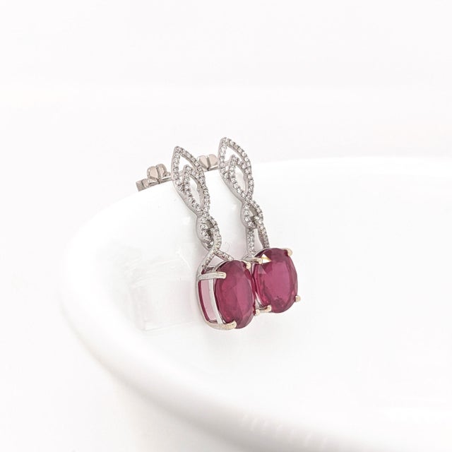 Oval Ruby Dangle Earrings with Earth Mined Diamonds in Solid 14k White ...