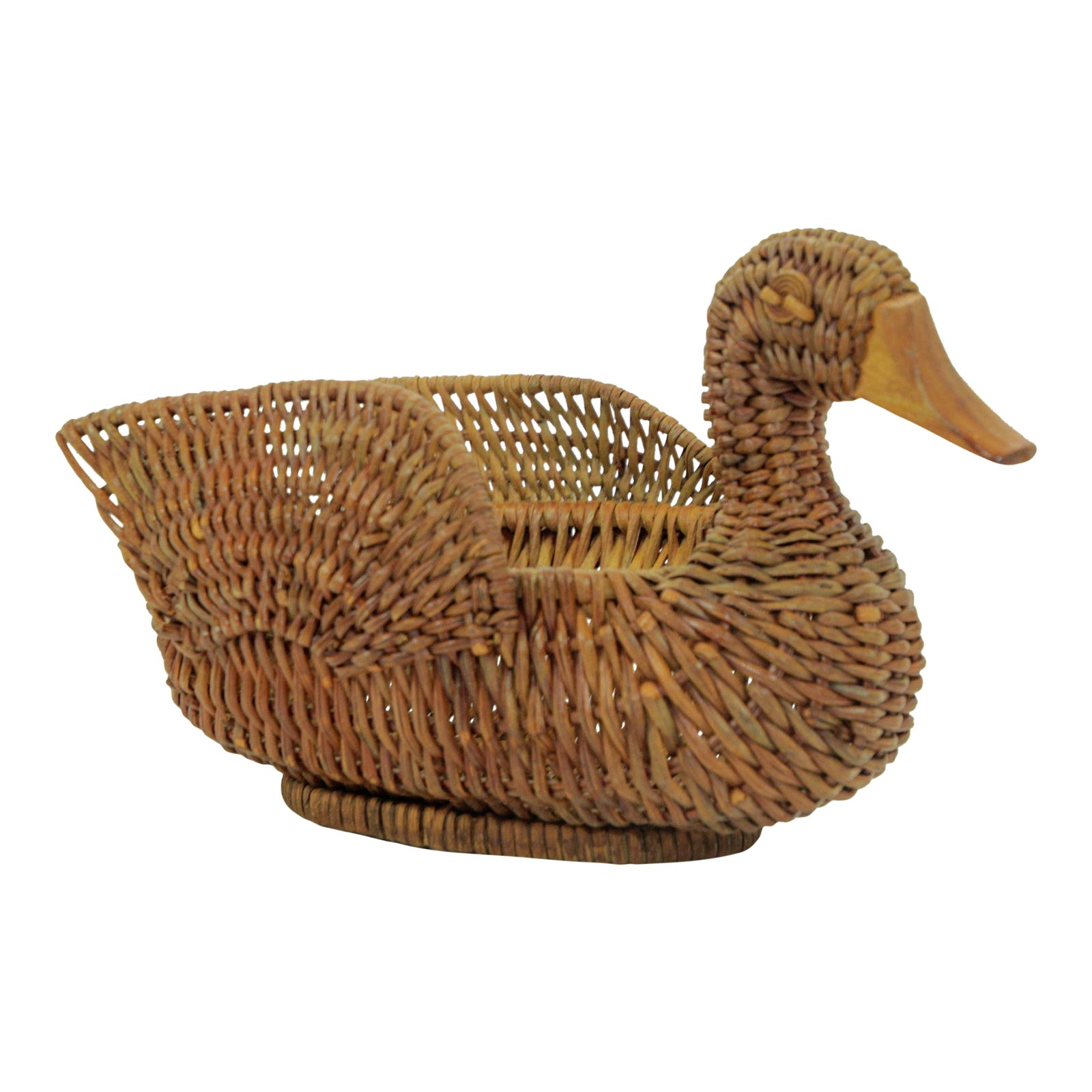Vintage Wicker Rattan Woven Duck Motif Basket | Chairish