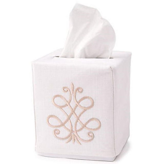 Beige French Scroll Tissue Box Cover in White Linen & Cotton ...