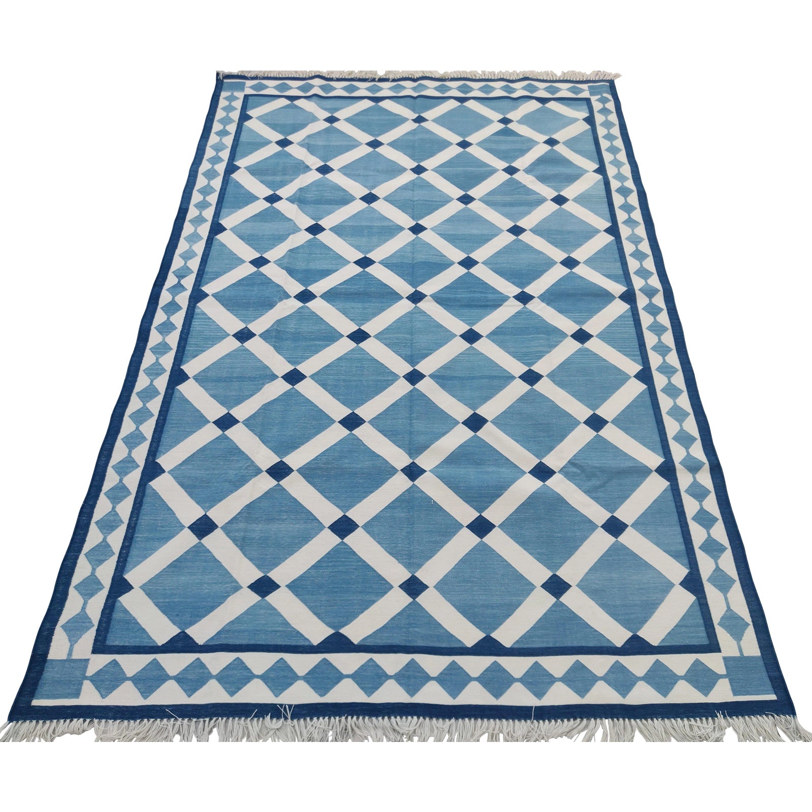 Handmade Cotton Diamond Cross Rug, Blue And White 6'x9' | Chairish