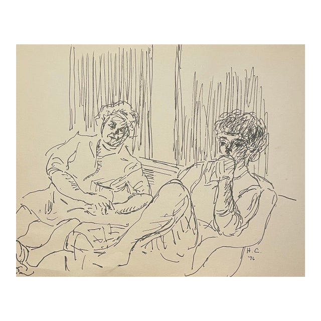 1976 Figures in an Interior Drawing by Hayward Cirker | Chairish