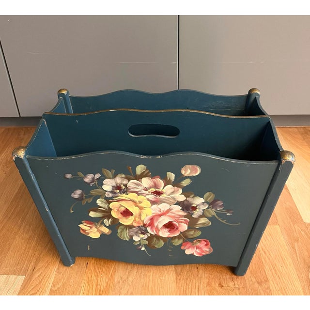 Antique Floral Painted Wood Magazine Rack | Chairish
