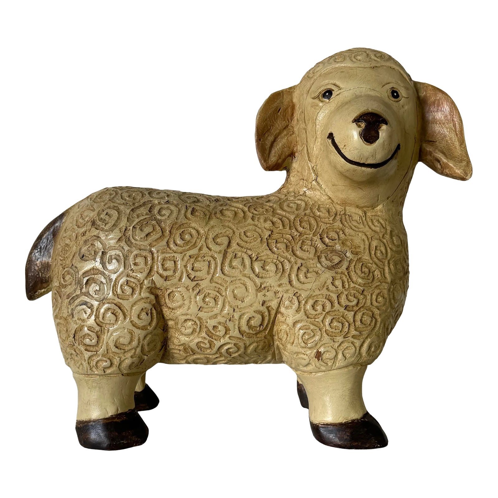 Vintage Hand Carved Wood Sheep Sculpture | Chairish