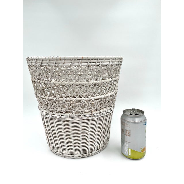 1970s White Wicker Trash Can Waste Basket | Chairish