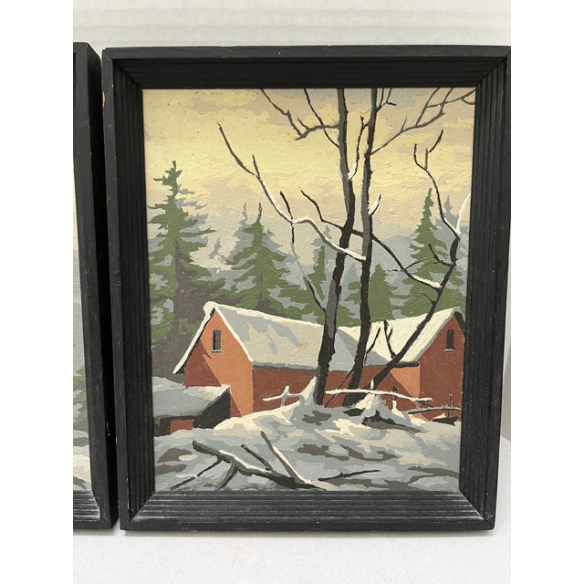 Winter Barn Scenes Original Paintings a Pair | Chairish
