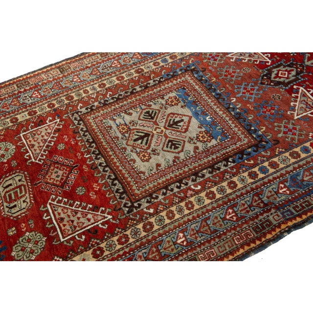 Red Vintage Caucasian Kazak Wool Rug With Geometric Pattern | Chairish