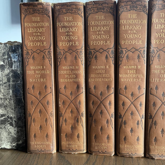 Set of 7 1910s Leather Bound Books the Foundation Library for Young People | Chairish