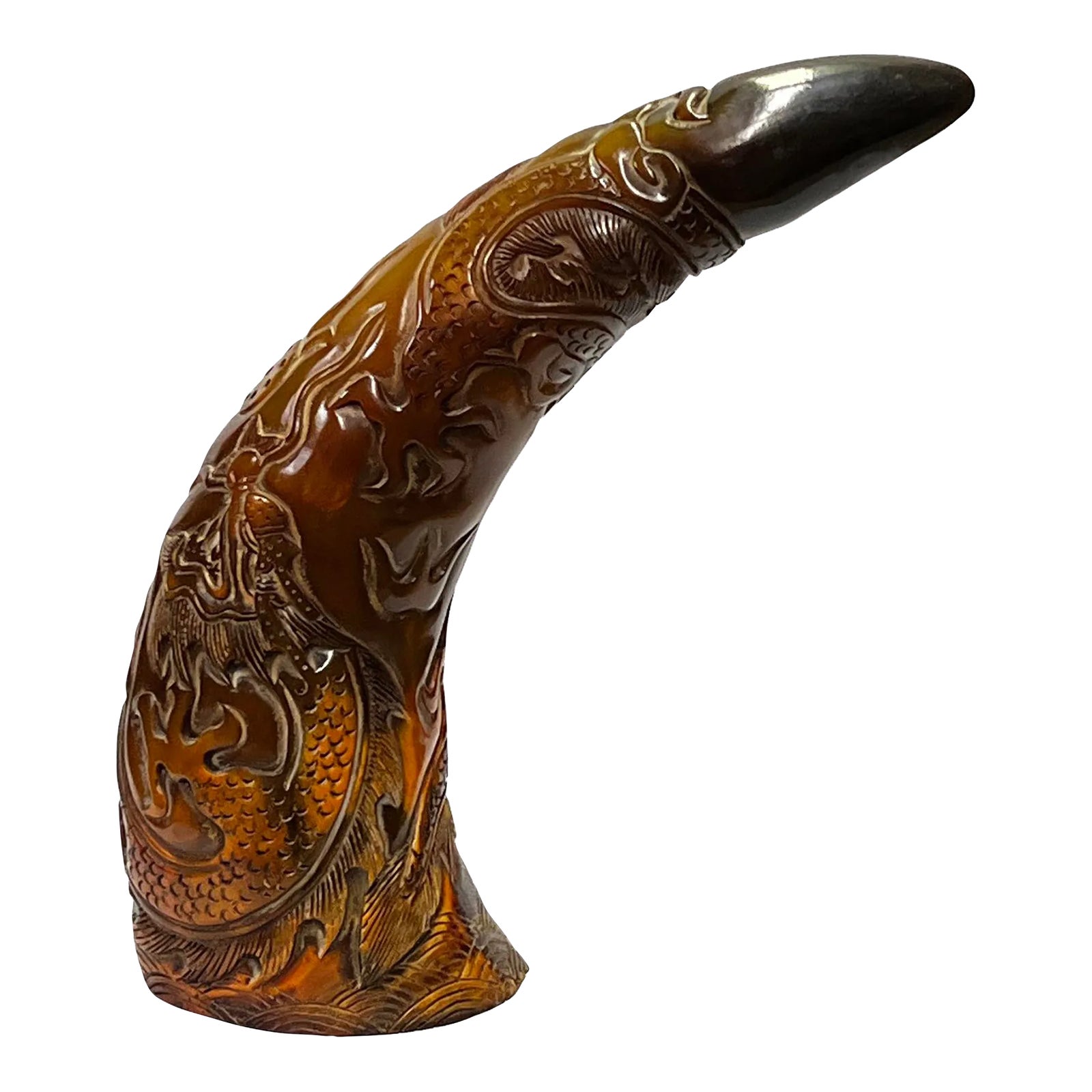 Handmade Chinese Ox Horn Look Dragon Carving Motif Display Art | Chairish