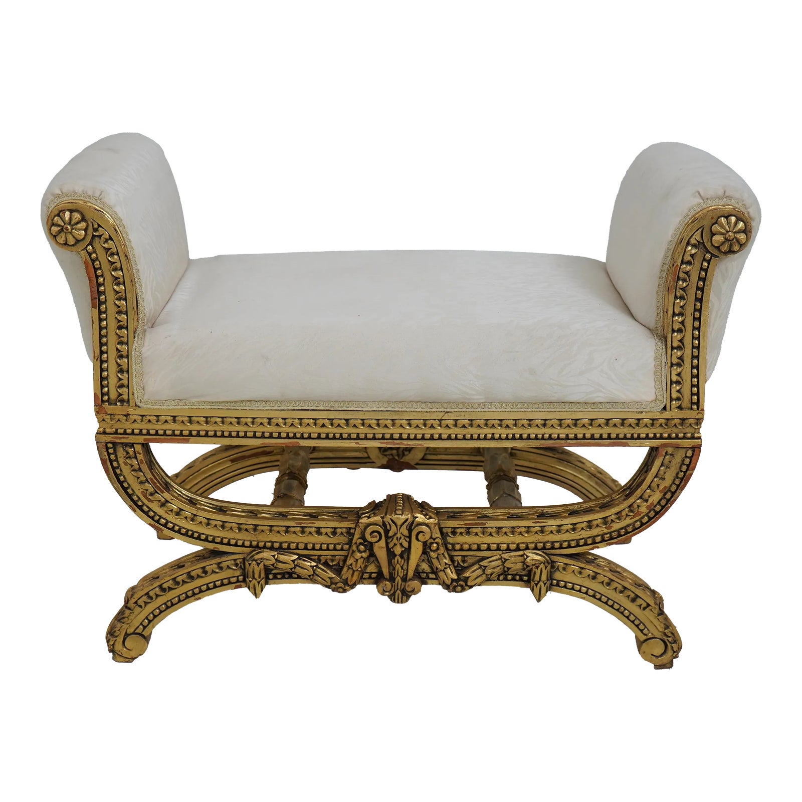 French Louis XIV Gold Finish Carved Bench | Chairish