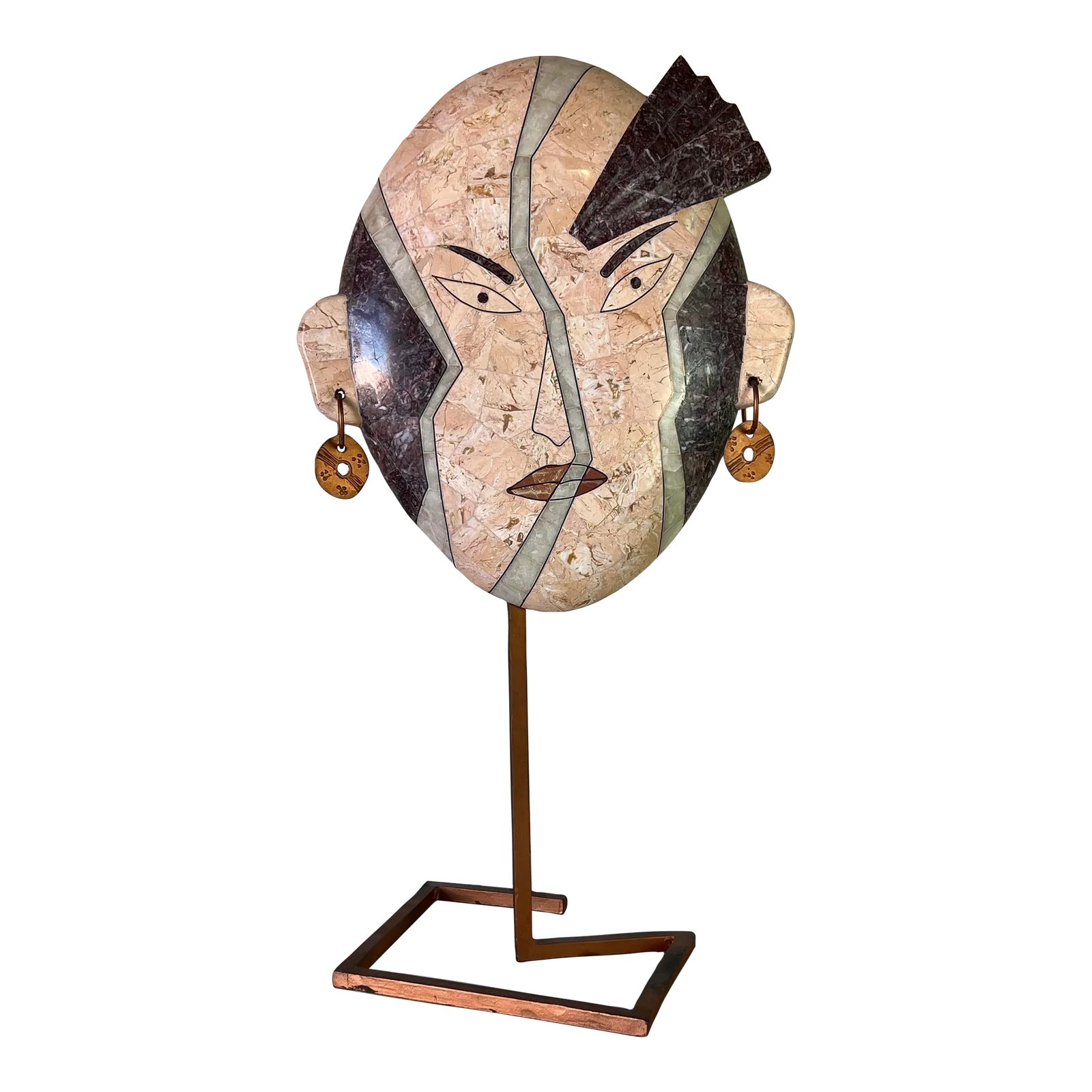 80's Postmodern Maitland Smith Tessellated Stone Face Sculpture | Chairish