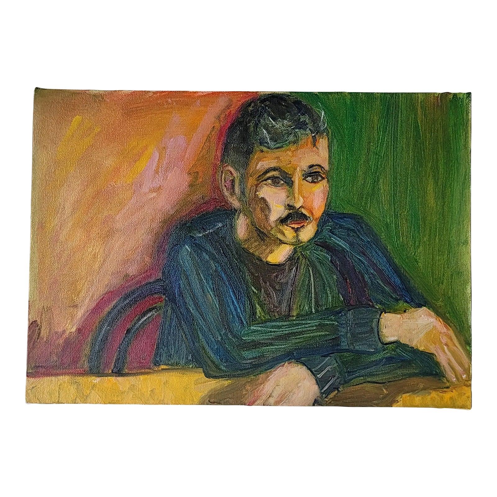 Fauvist Portrait Oil Painting of a Man Wearing Blue Sitting at a Table ...