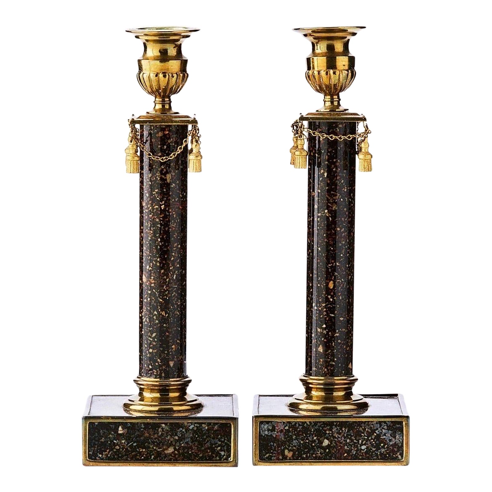 A Pair of Late Gustavian Faux Porphyry Reverse Glass Candlesticks, 19th ...