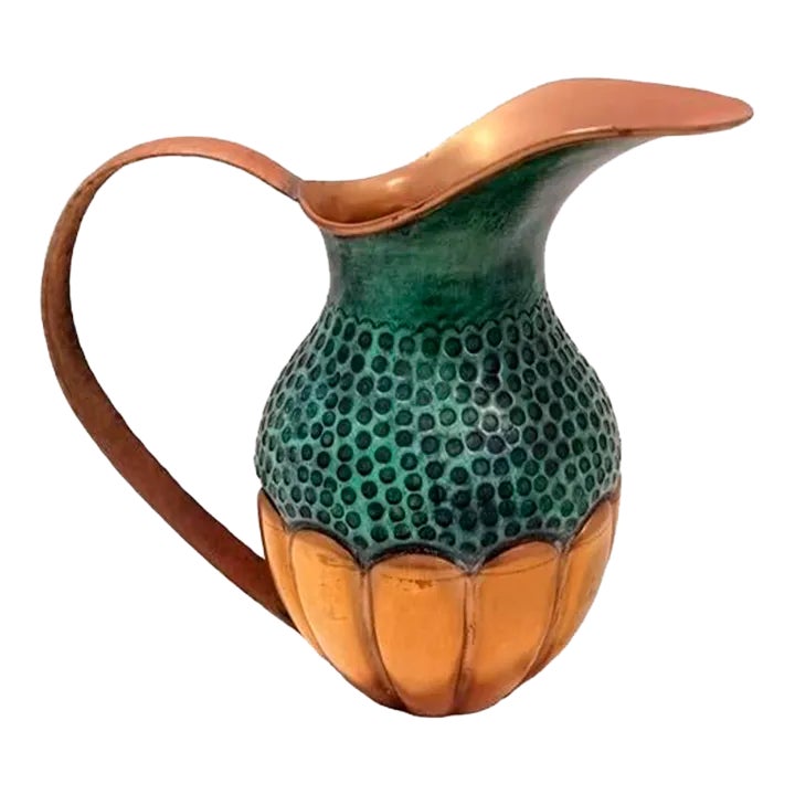 Mid 20th Century Exotic Brass and Copper Hammered Pitcher | Chairish