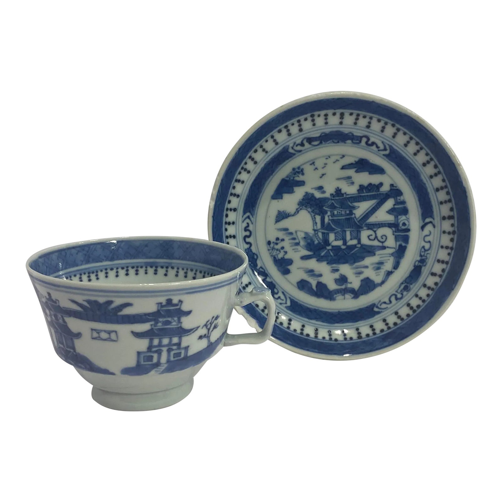 Antique Blue and White Chinoiserie Canton Cup and Saucer | Chairish
