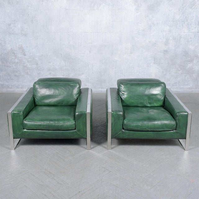 Restored Modern Lounge Chairs in Light Green Leather With Chrome ...