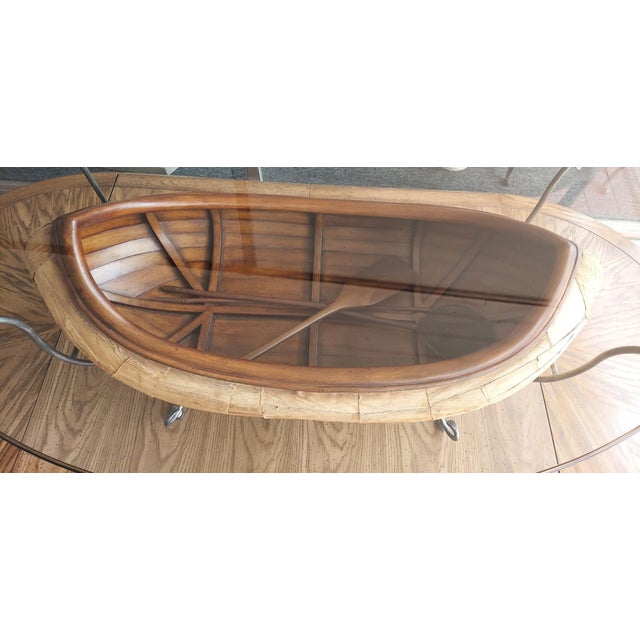 1970s Vintage Wrought Iron, Wood and Glass Canoe Coffee Table | Chairish