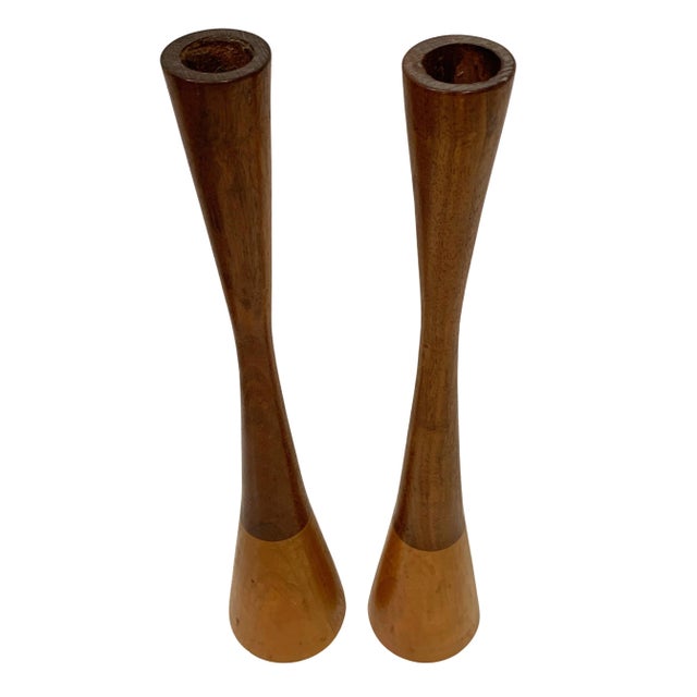 Hand-Turned Walnut/Maple Candlesticks - a Pair | Chairish