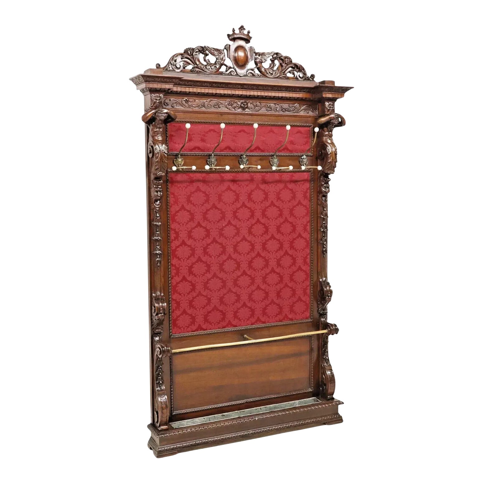 1800s, Antique, Renaiss Revival, Carved Walnut, Damas-Upholstered, Red ...